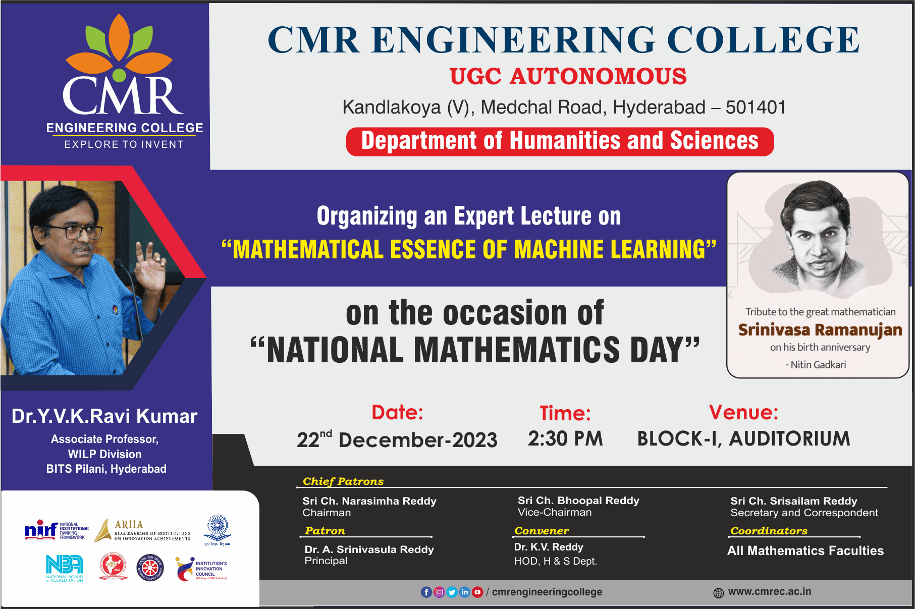 Organizing An Expert Lecture On “MATHEMATICAL ESSENCE OF MACHINE LEARNING” | CMR Engineering ...